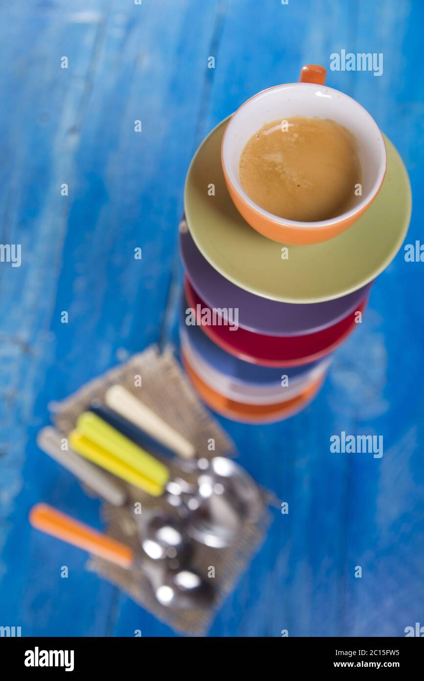 Tower of cups of coffee Stock Photo - Alamy