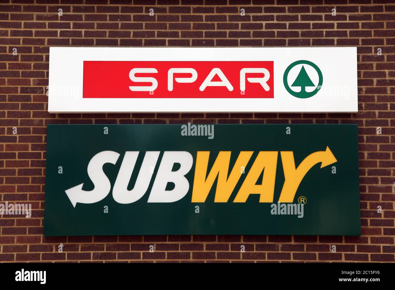 SPAR and Subway signage for shops located inside Esso petrol station ...