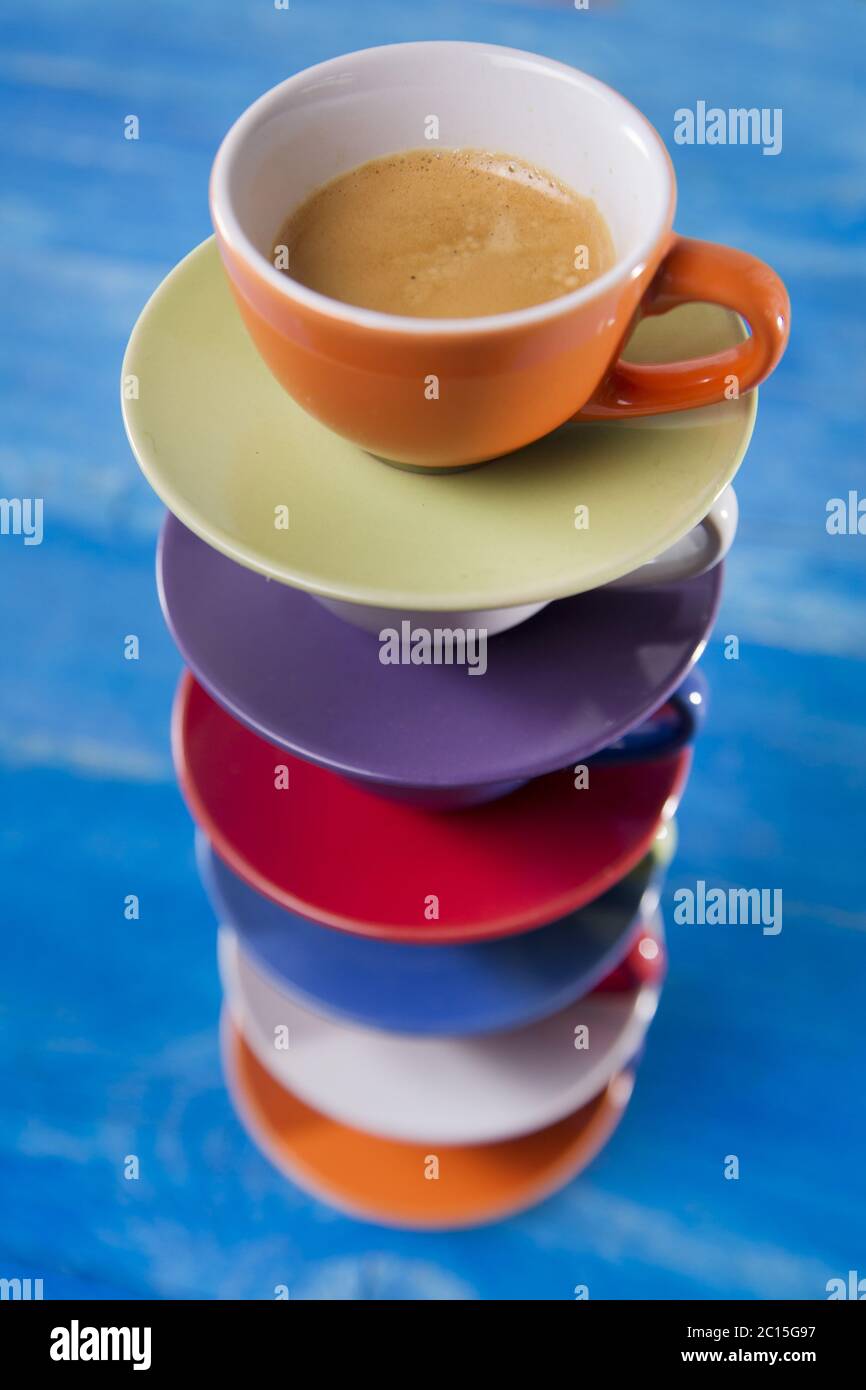 Tower of cups of coffee Stock Photo - Alamy