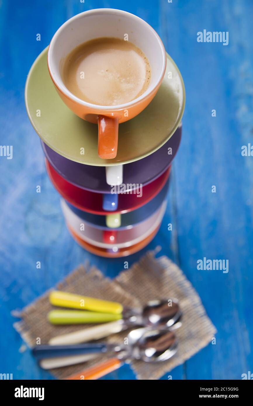 Tower of cups of coffee Stock Photo - Alamy