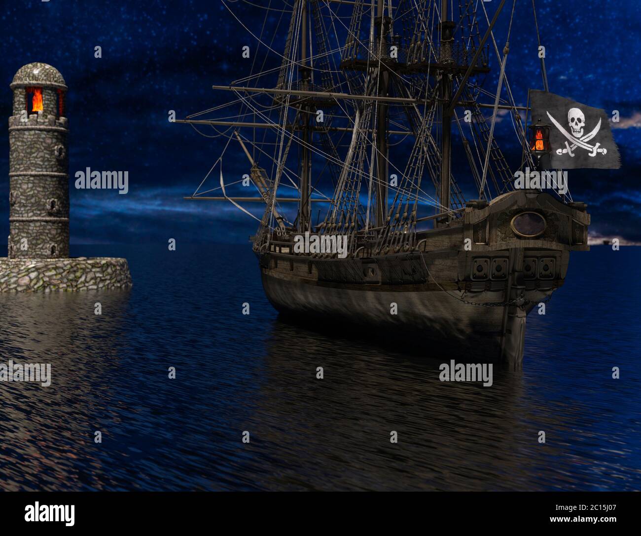 Pirate sailship near the old lighthouse with fire at moonlight - 3d ...