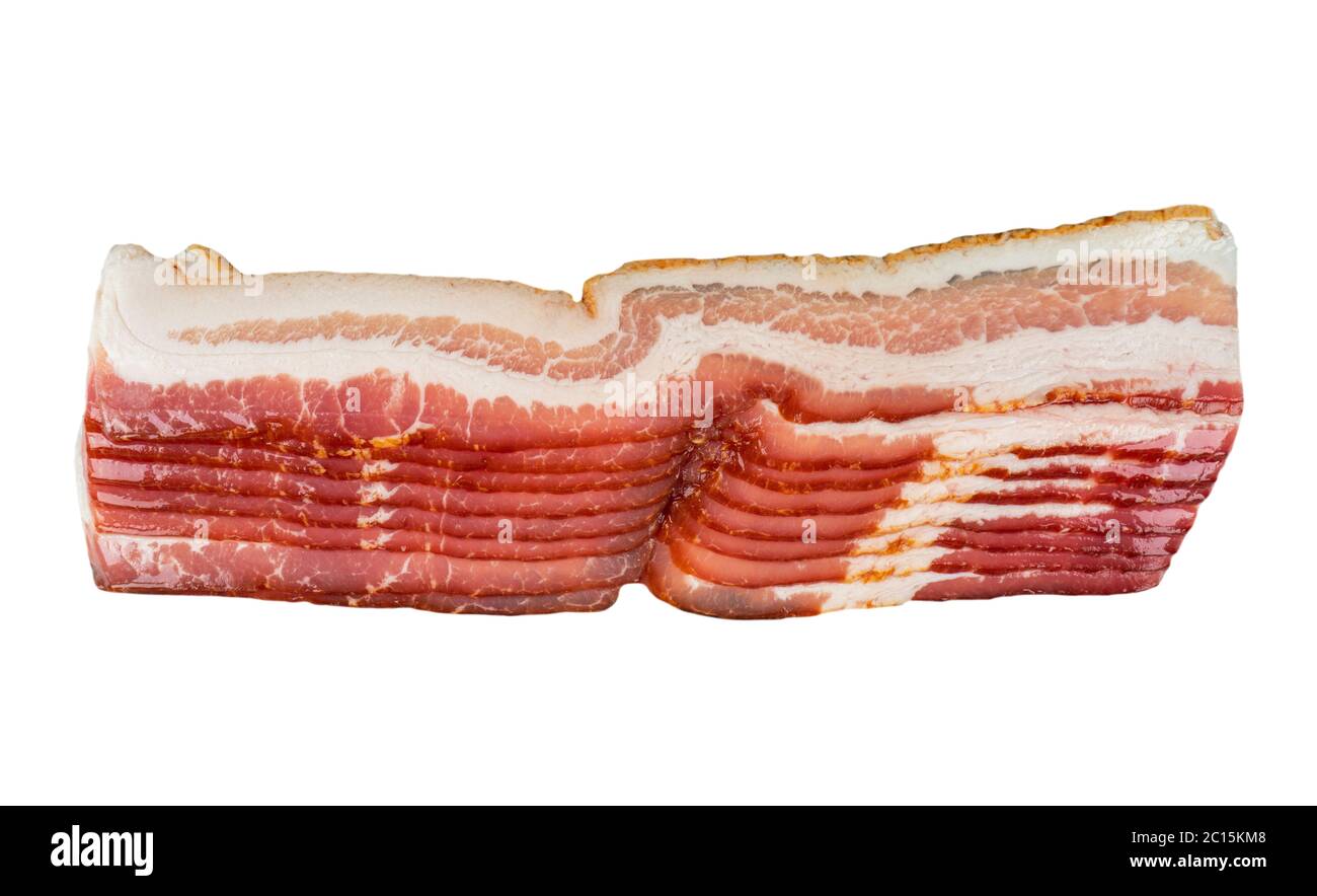 Several rows of sliced smoked bacon isolated on white background. Fresh ...