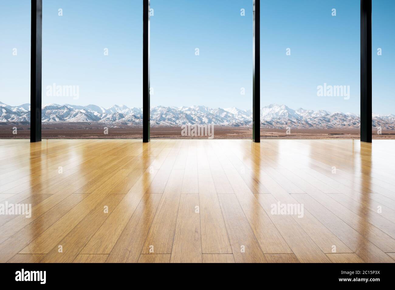 empty wooden patio with white snow mountains Stock Photo - Alamy