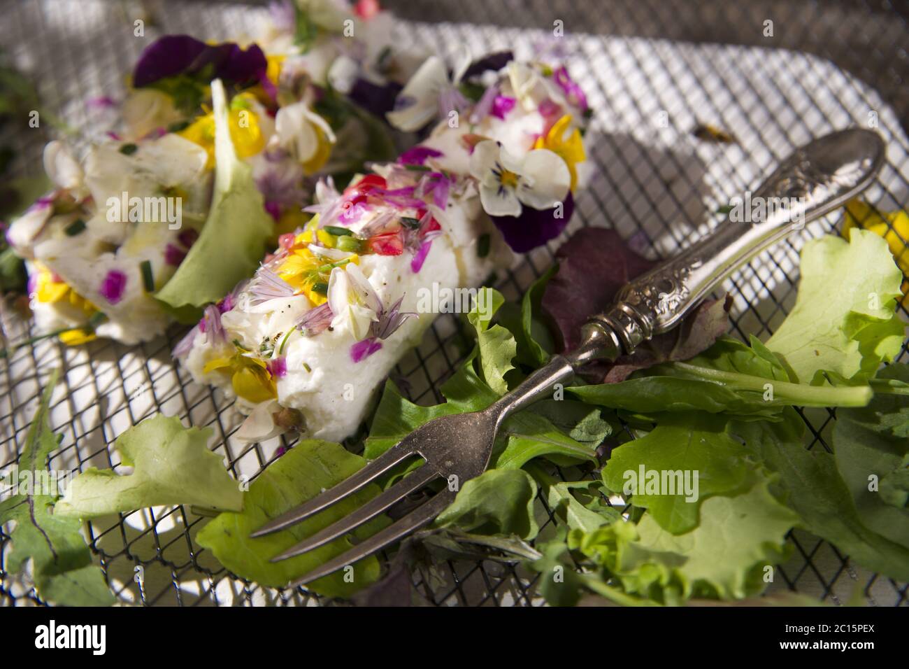 Goat cheese with edible flowers Stock Photo - Alamy