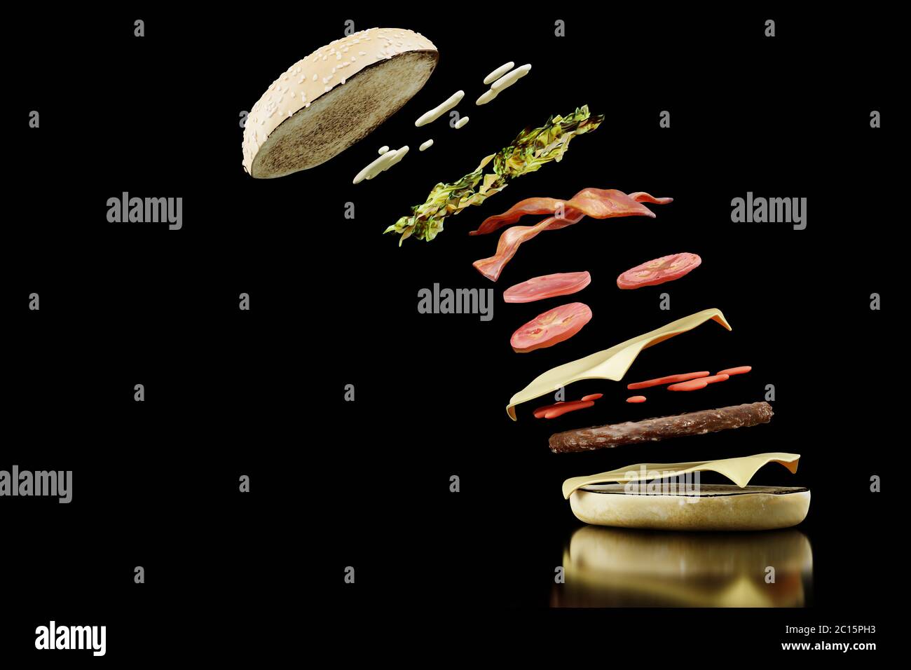 Exploded Delicious burger with floating ingredients on a plain isolated ...