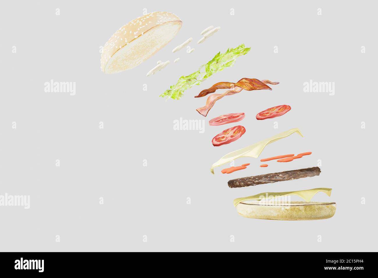 Exploded Delicious burger with floating ingredients on a plain isolated ...