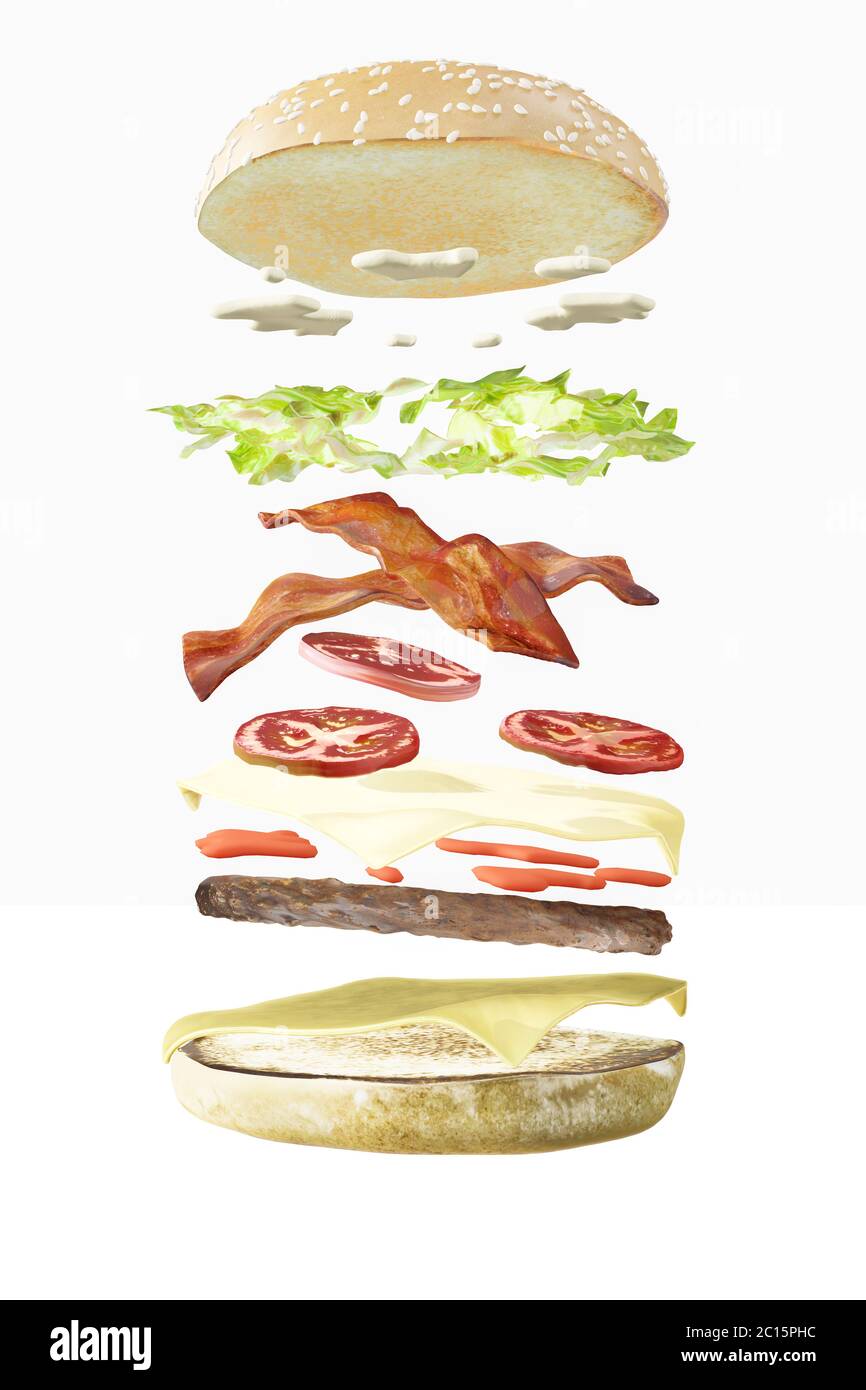 Exploded Delicious burger with floating ingredients on a plain isolated ...