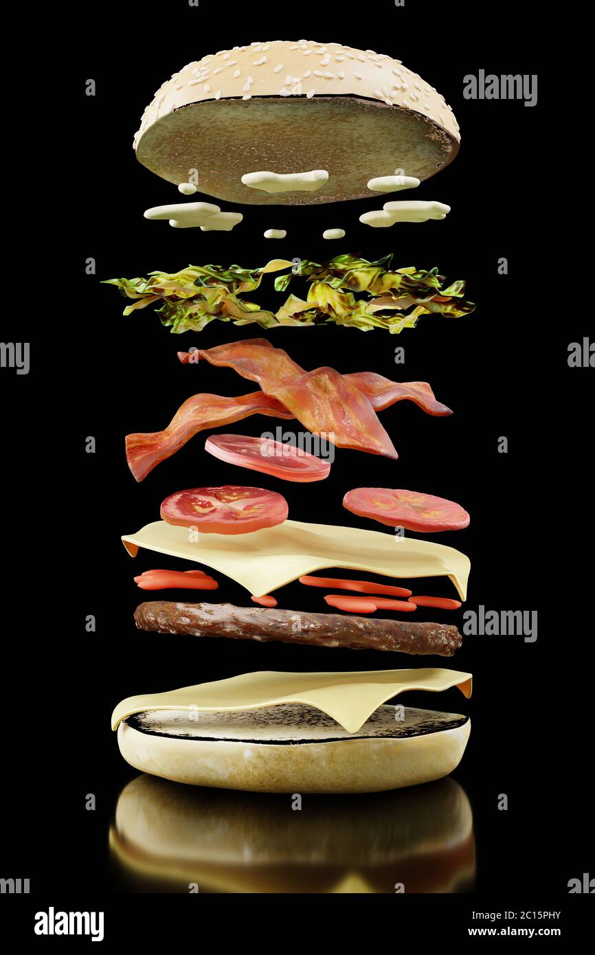 Exploded Delicious burger with floating ingredients on a plain isolated ...