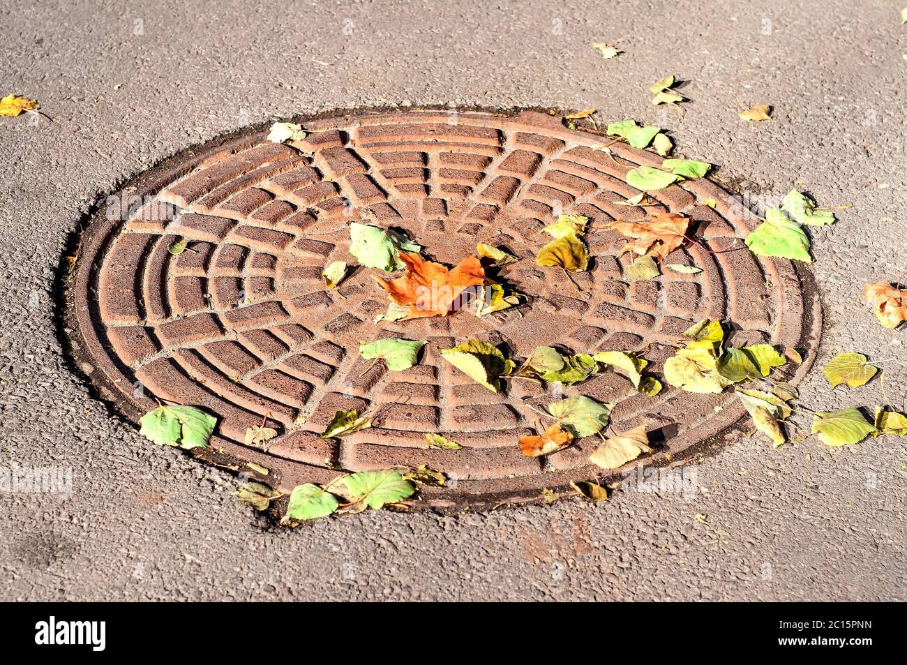 Manhole under a colorful dry autumn leaves Stock Photo - Alamy