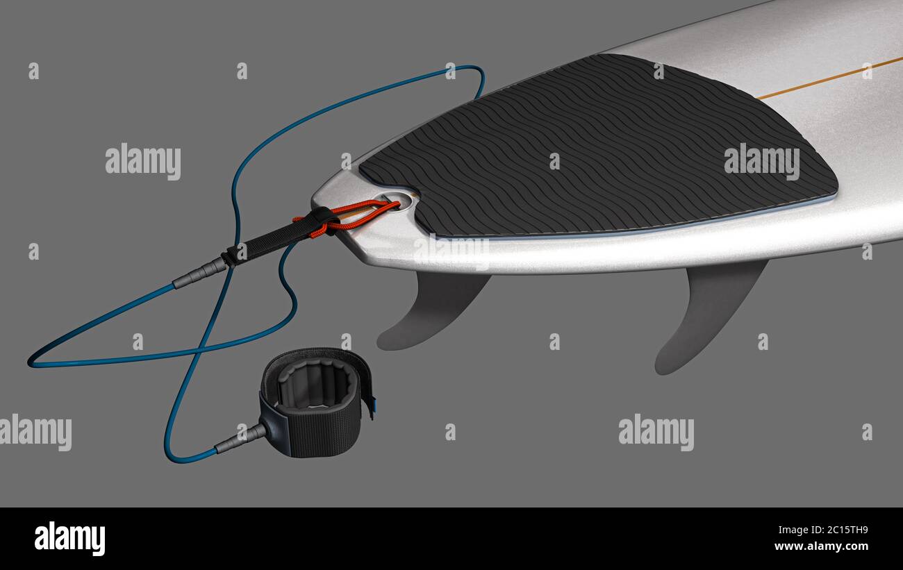 Rear part of a short surfboard with tail traction pad, fins and leash ...