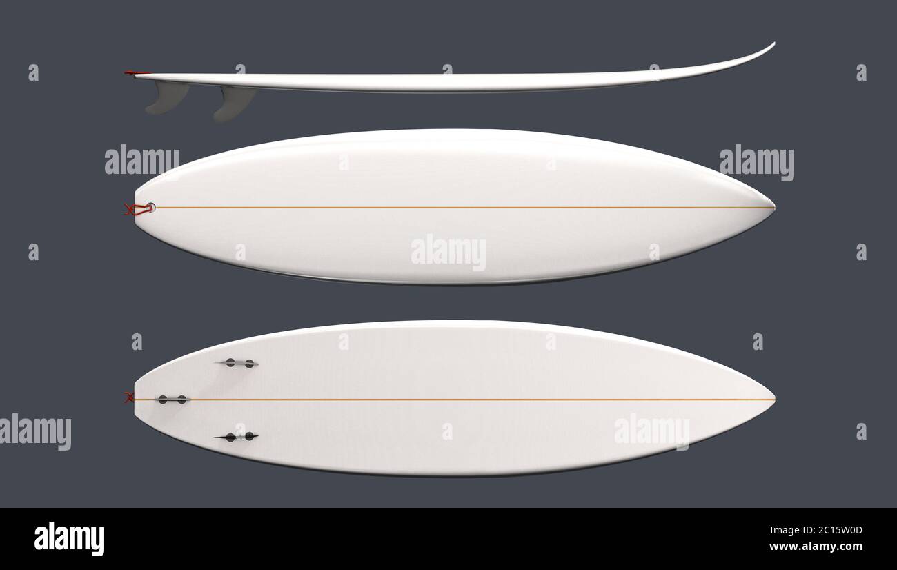 White custom surfboard top, front and side view with fins - 3d ...