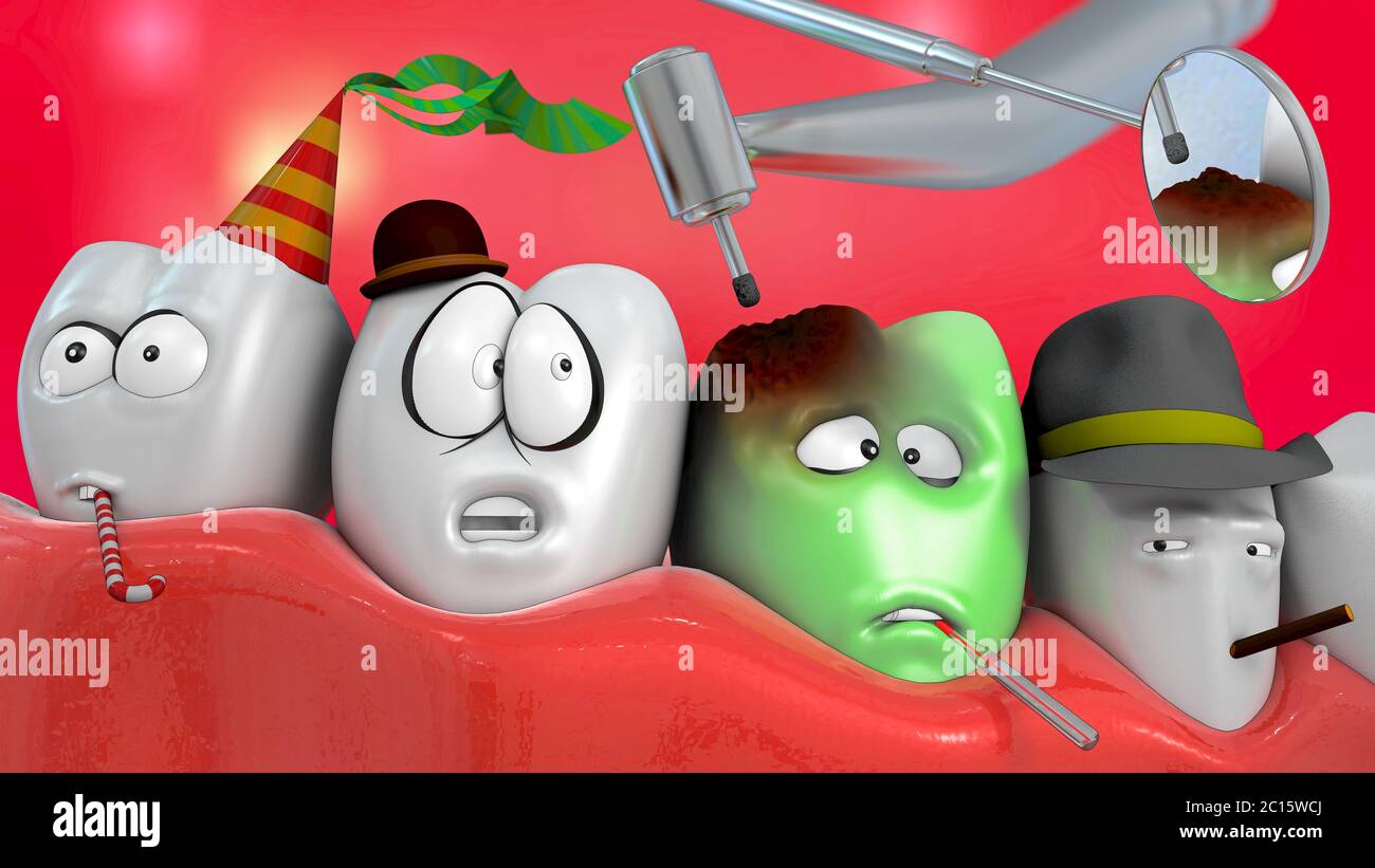3d illustration of comic tooth with dentist drill and mirror Stock ...