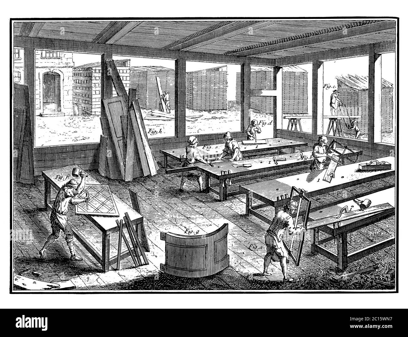 Antique illustration of inside of a workshop, where different people ...