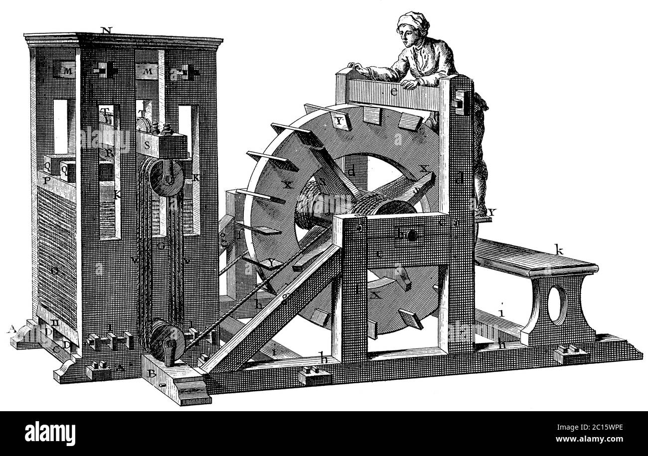 Antique illustration of a vertical treadmill which converts the energy ...