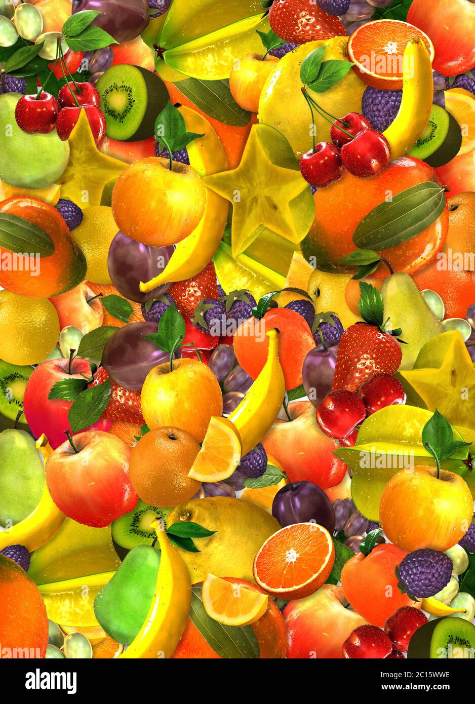 3d illustration of a collage of many different superimposed fruits in ...