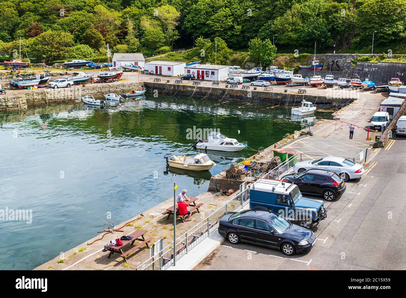High view of Dunure harbour, on the Firth of Clyde, Ayrshire, Scotland ...