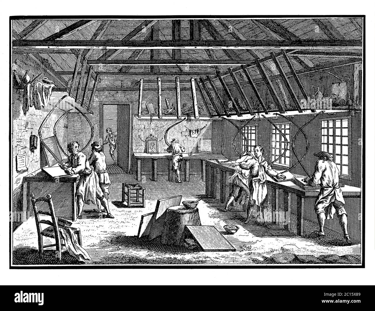Antique illustration of a workshop where broad glass is polishing ...