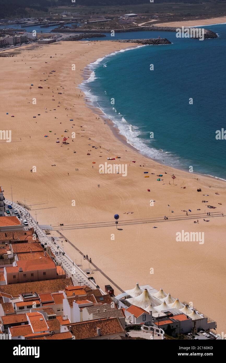 Aerial View - Summer Day at Nazaré Beach - Golden Sand and Beautiful ...