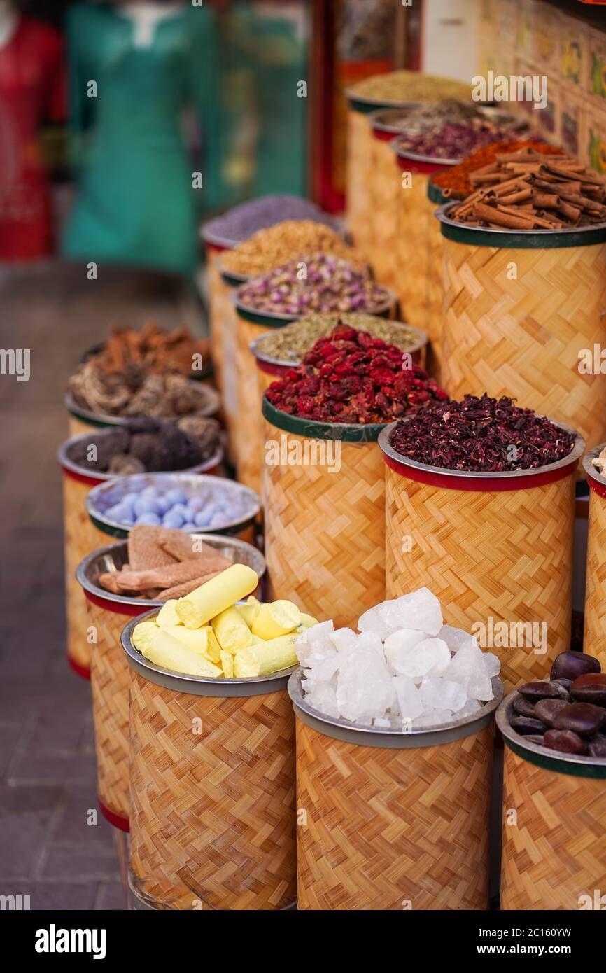 Beautiful detail of different spicies in traditional bazaar shop in ...