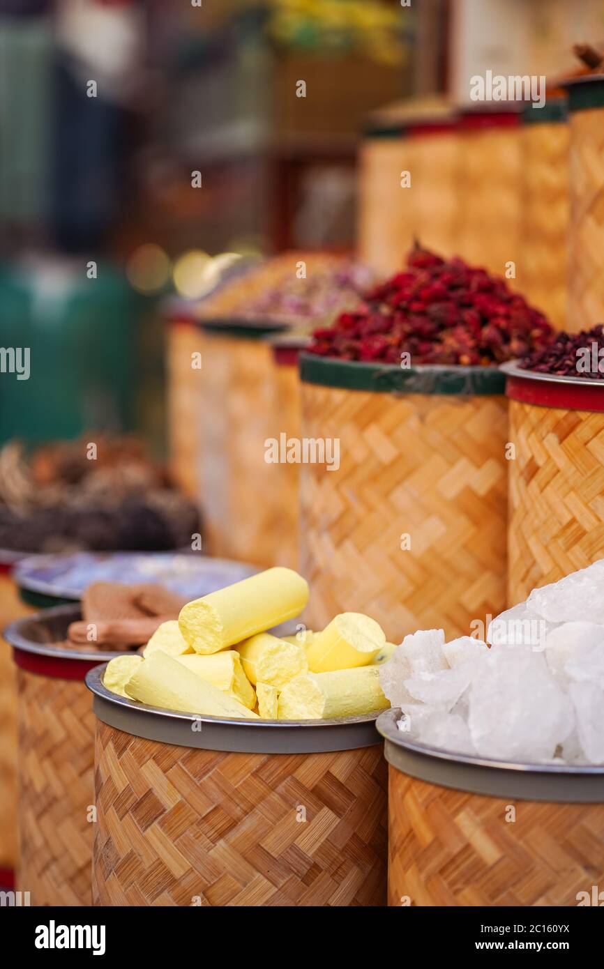 Beautiful detail of different spicies in traditional bazaar shop in ...