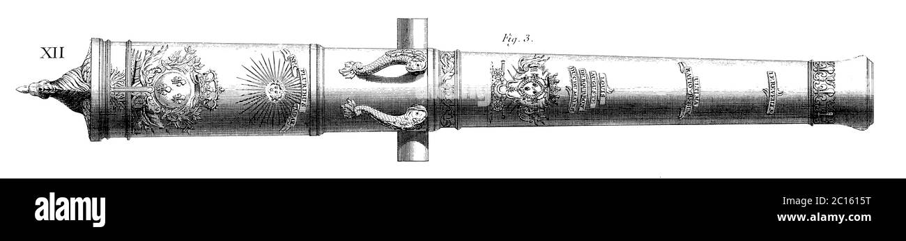 18th century illustration of a 12-pounder artillery cannon. Published ...
