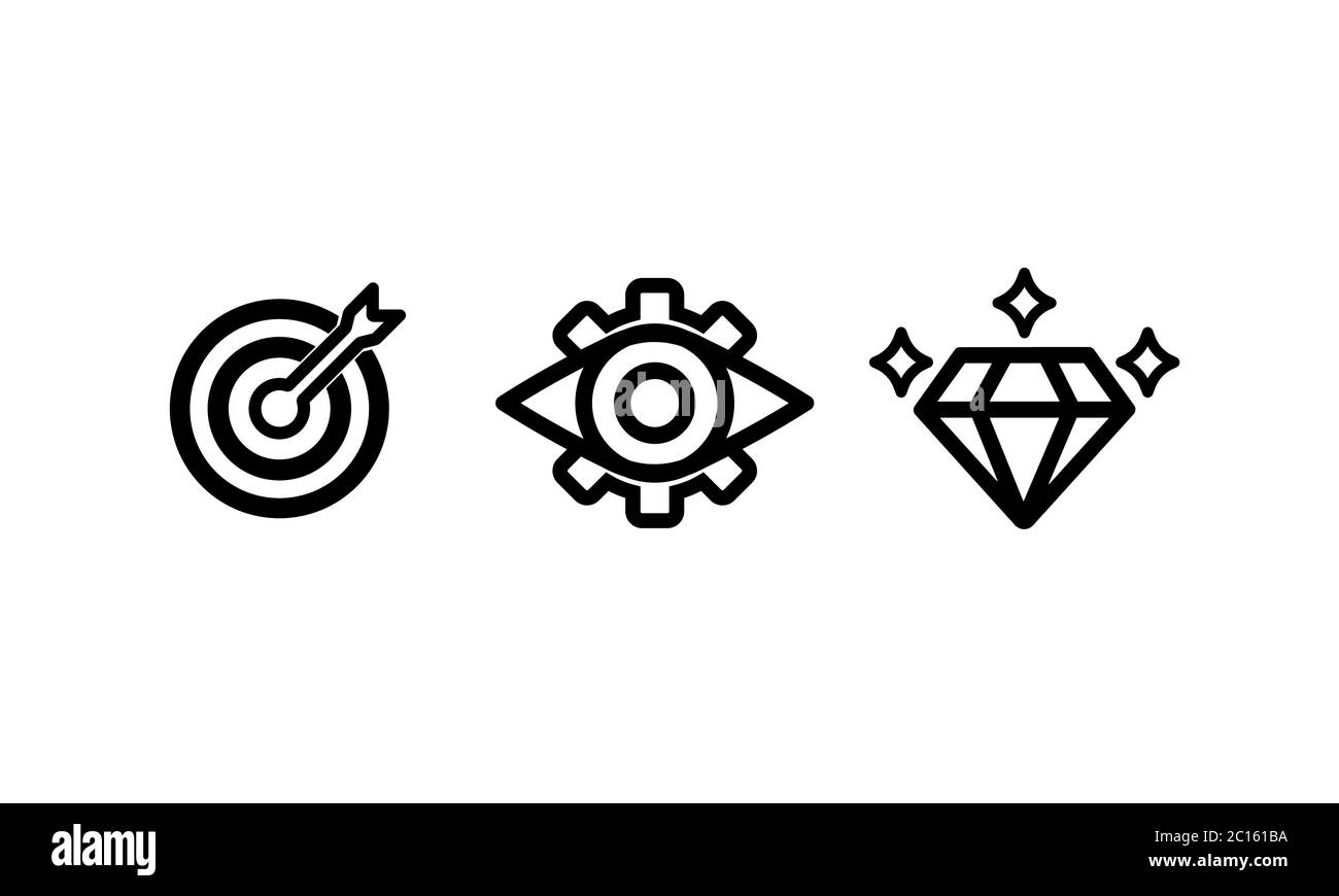 Mission, vision, values icon set or business goal. Vector isolated white background. EPS 10 ...