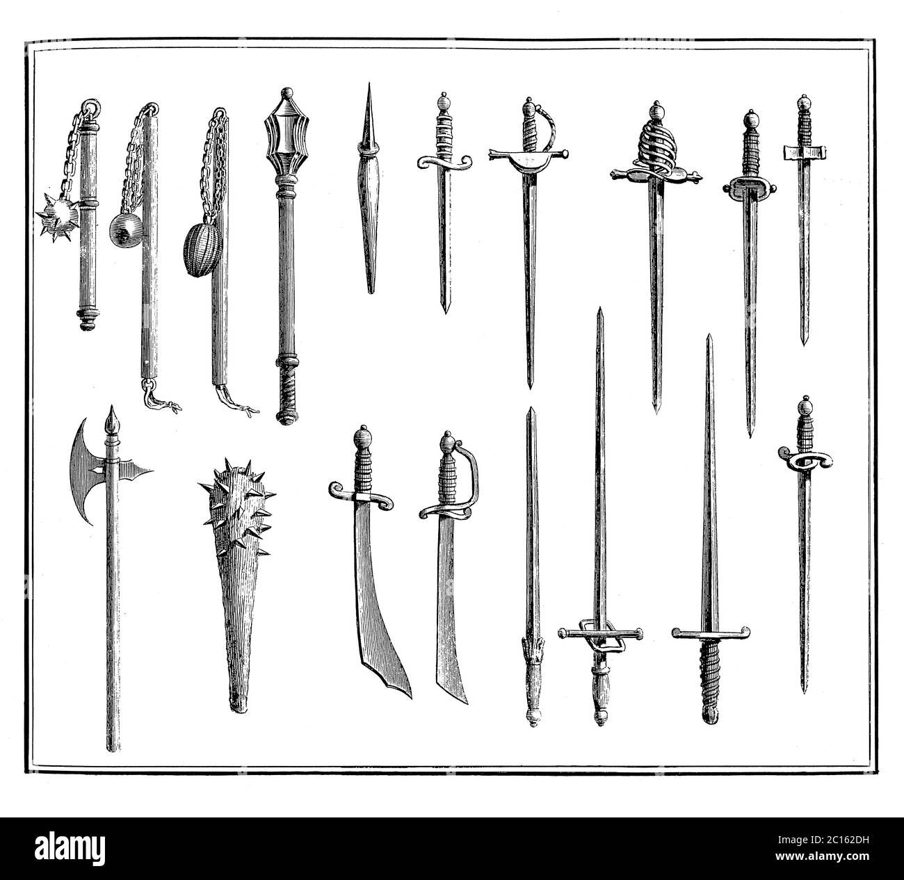 18th century illustration of various medieval chivalric weapons ...