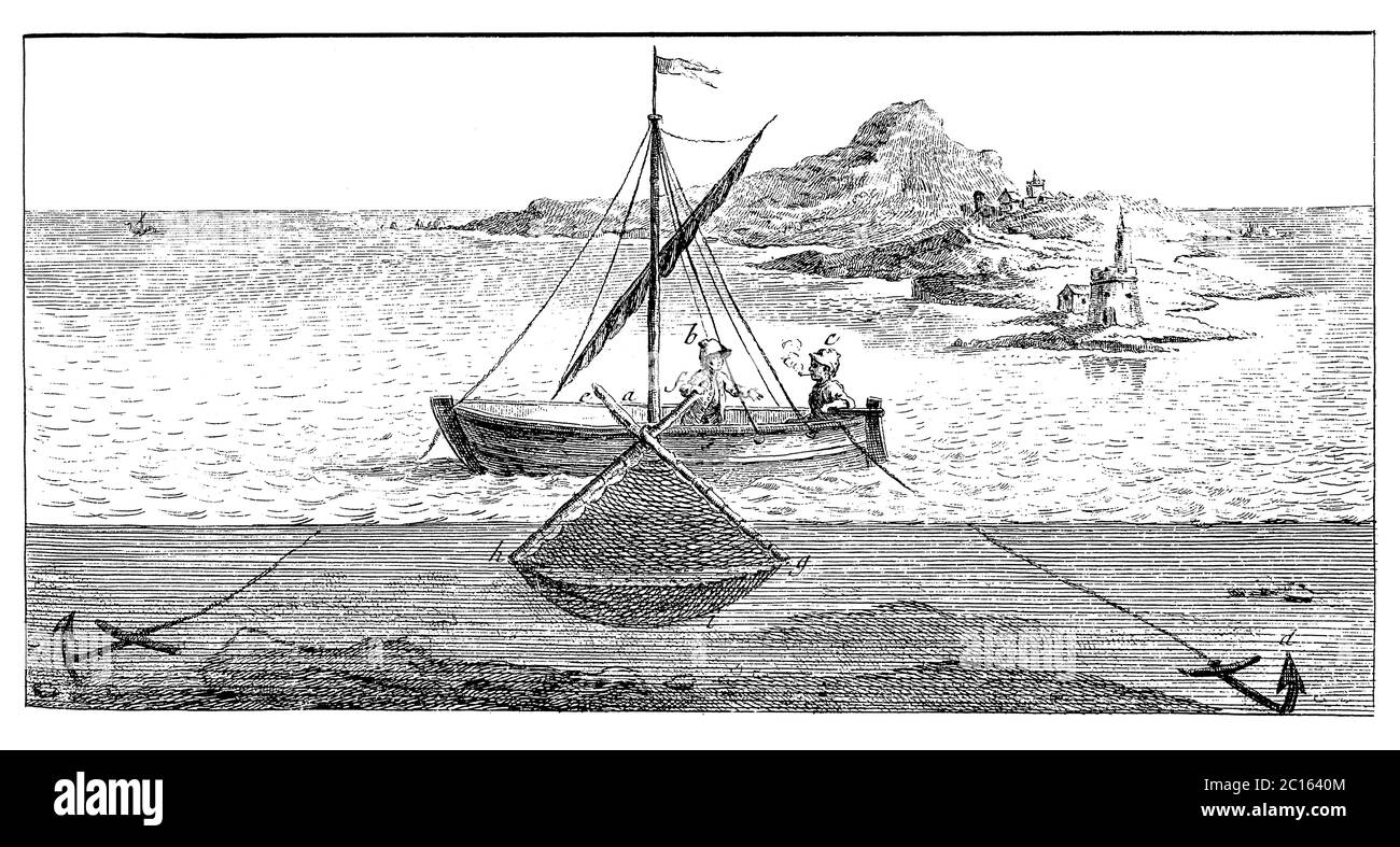 18th century illustration of shrimp fishing with "sleeve" fishing net ...