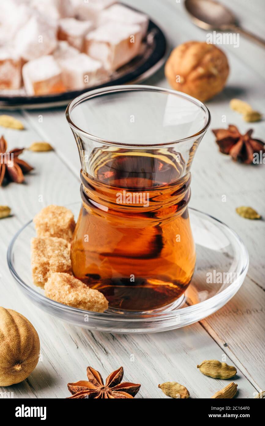 Tea with turkish delight Rahat Lokum and different spices Stock Photo ...