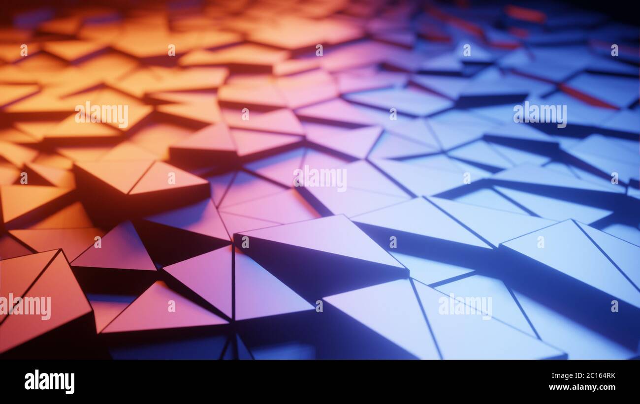 3D rendering of elevated colorful shiny red blue shattered, ripped and ...