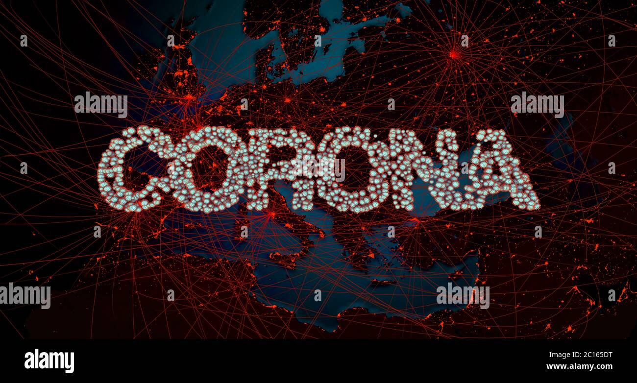 Corona writing hovering over the globe - 3d illustration Stock Photo ...