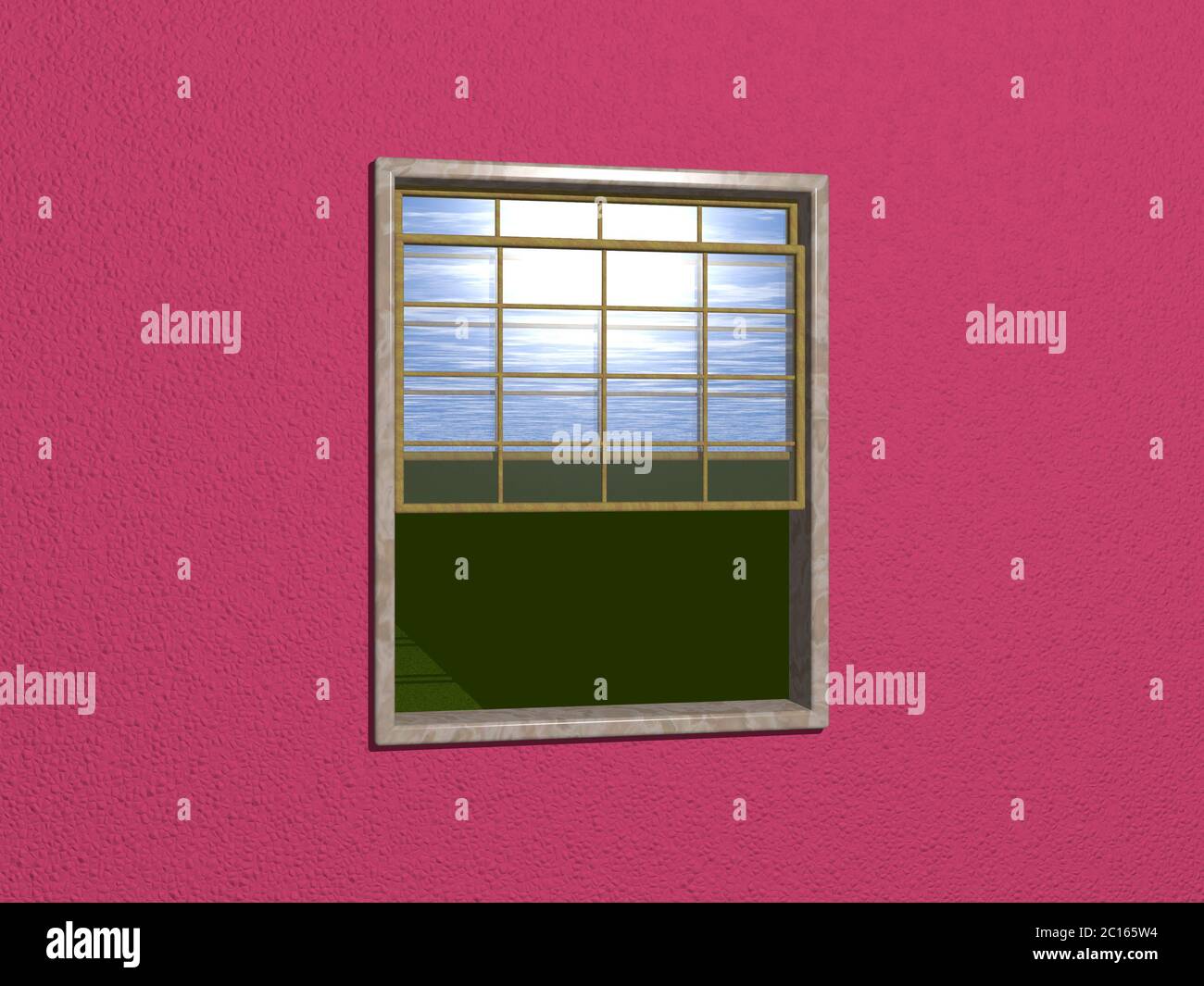 Open sash window from crimson wall viewing outside lawn with cloudy sky ...