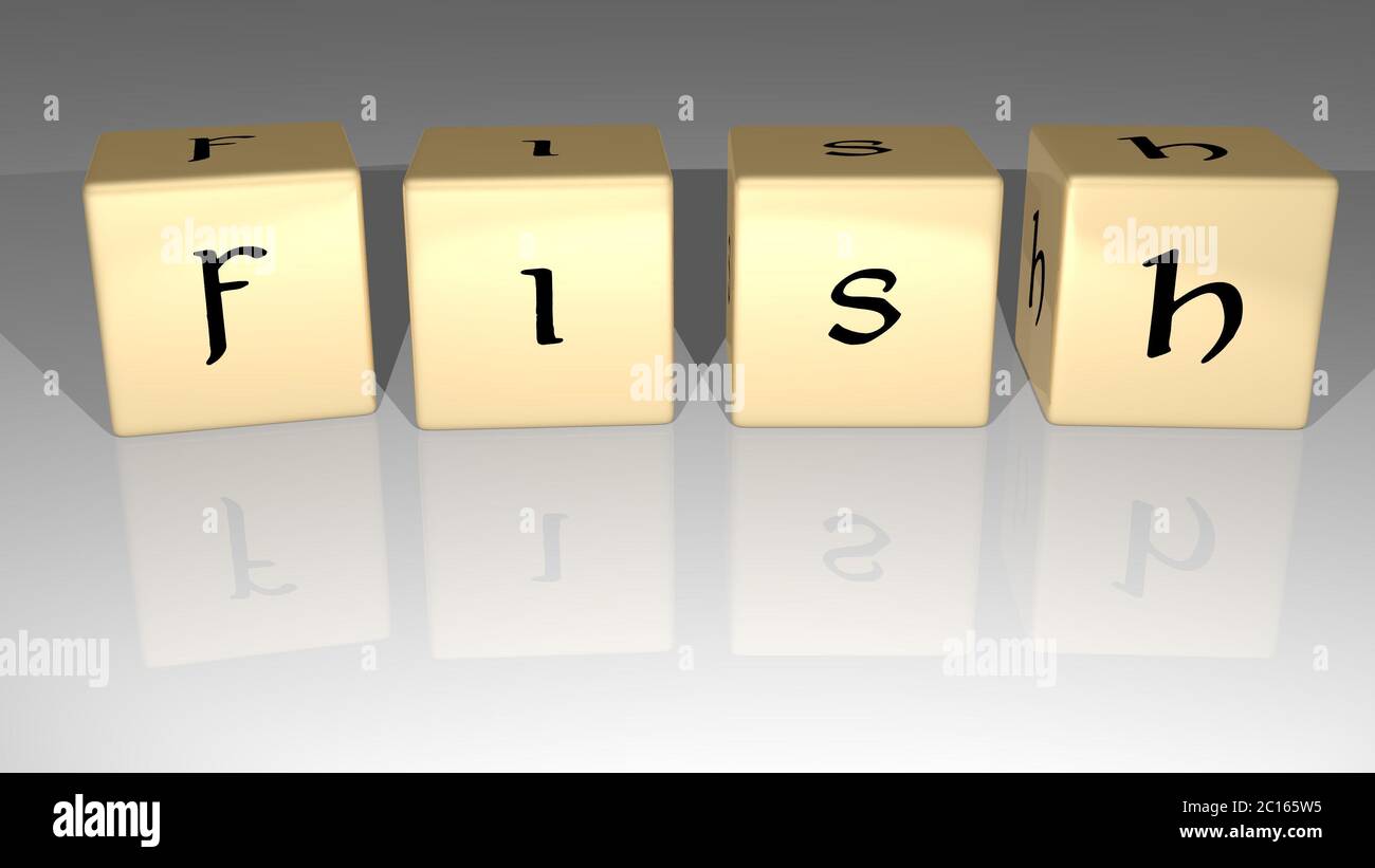 FISH arranged by golden cubic letters on a mirror floor, concept ...