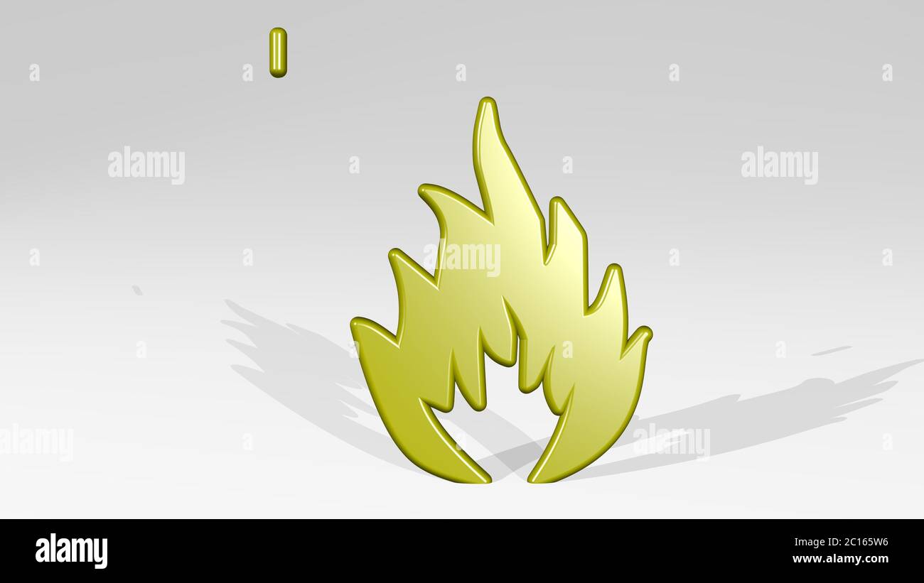 FIRE made by 3D illustration of a shiny metallic sculpture on a wall ...