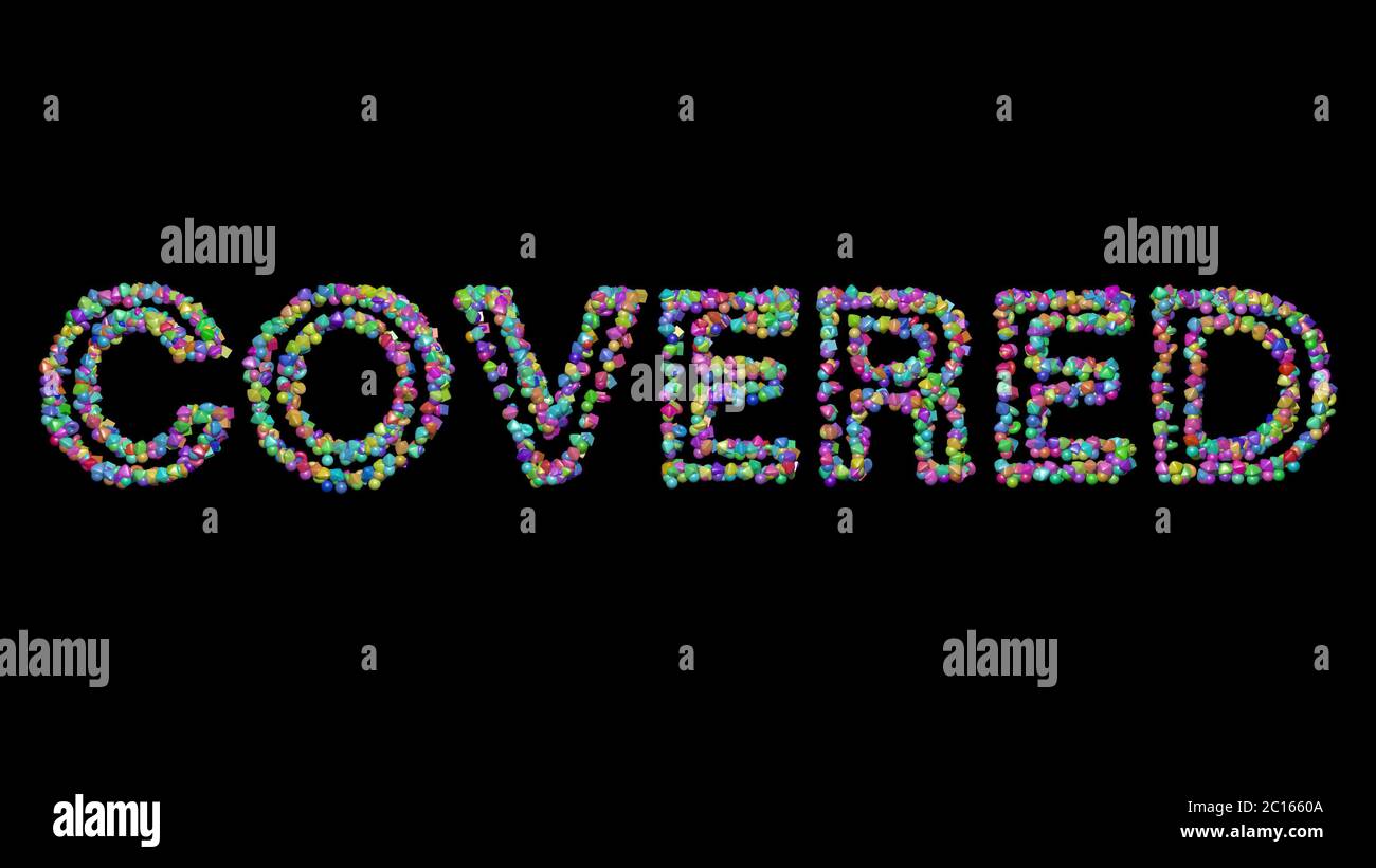 Colorful 3D writting of covered text with small objects over a dark ...