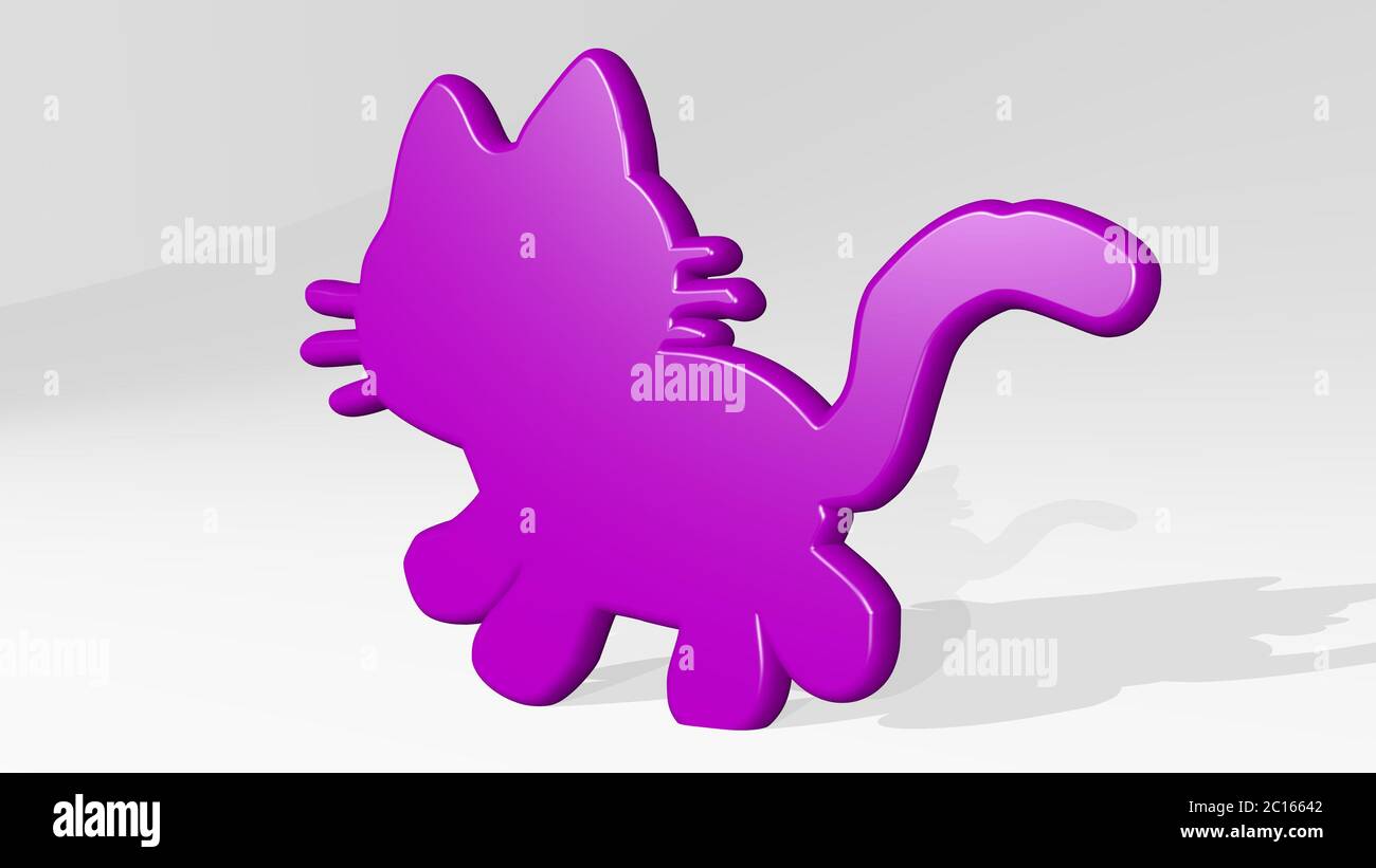 CAT on the wall. 3D illustration of metallic sculpture over a white ...