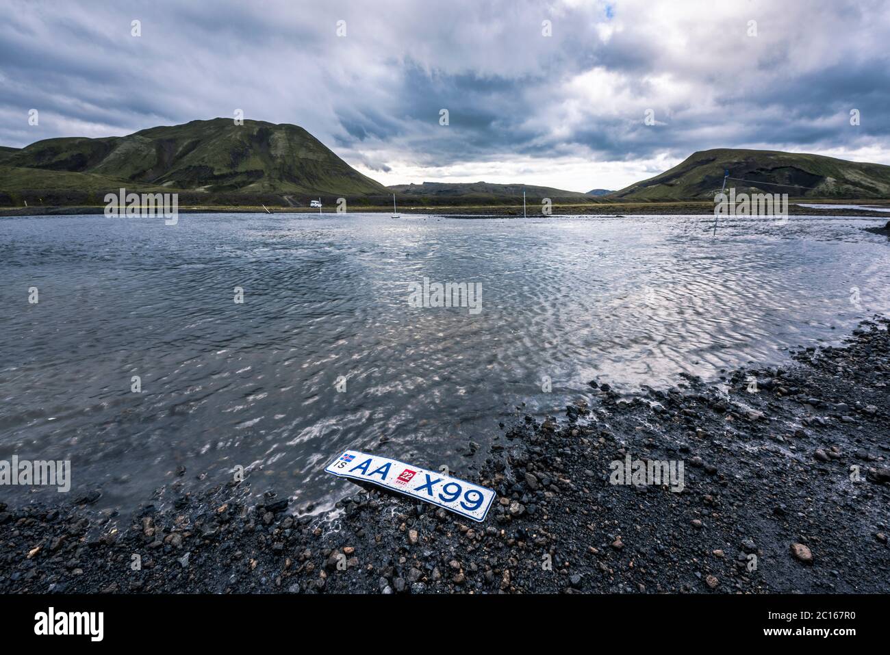 LANDMANNALAUGAR, ICELAND - AUGUST 6, 2020: Lost license plate in front ...