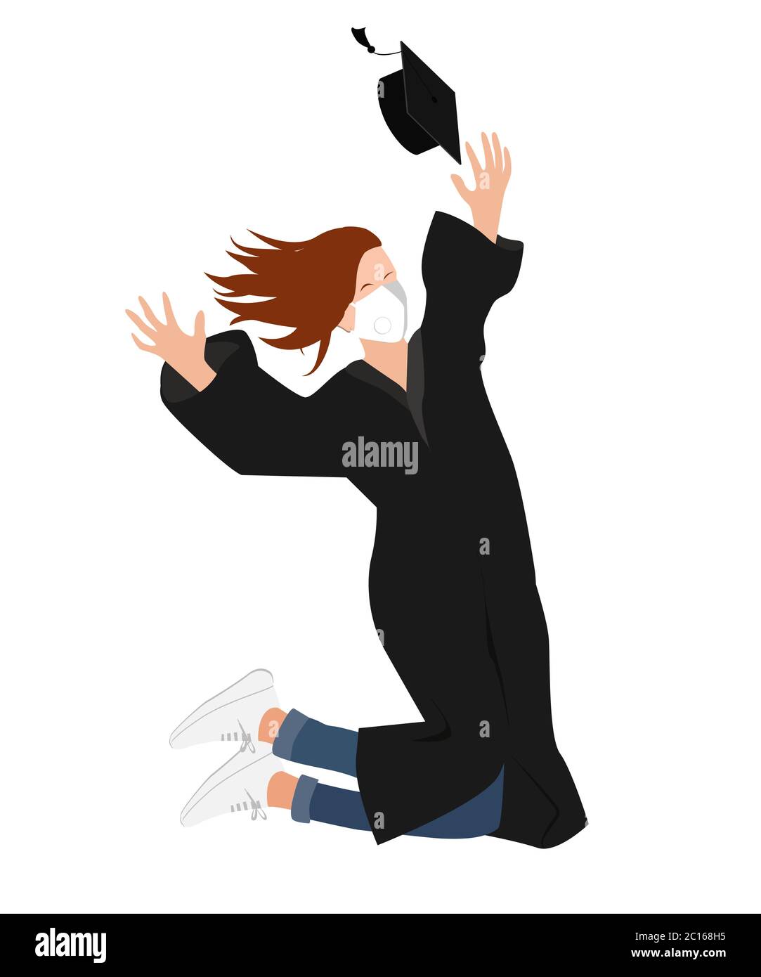 Young 20202 graduate student girl in medical mask and graduation gown ...