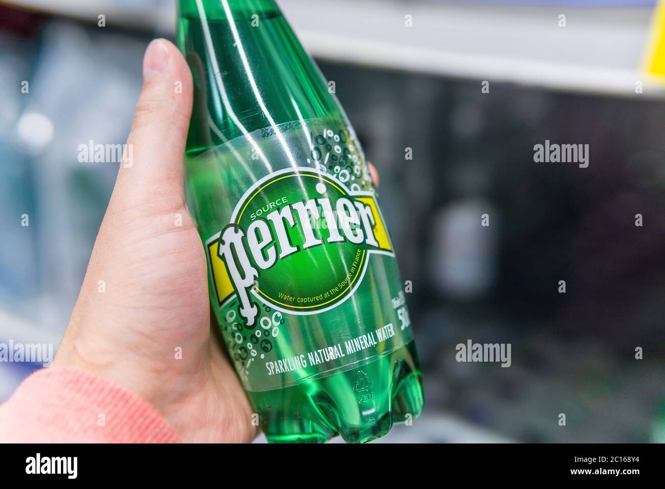 Tyumen, Russia-June 09, 2020: French brand of mineral water Perrier is ...