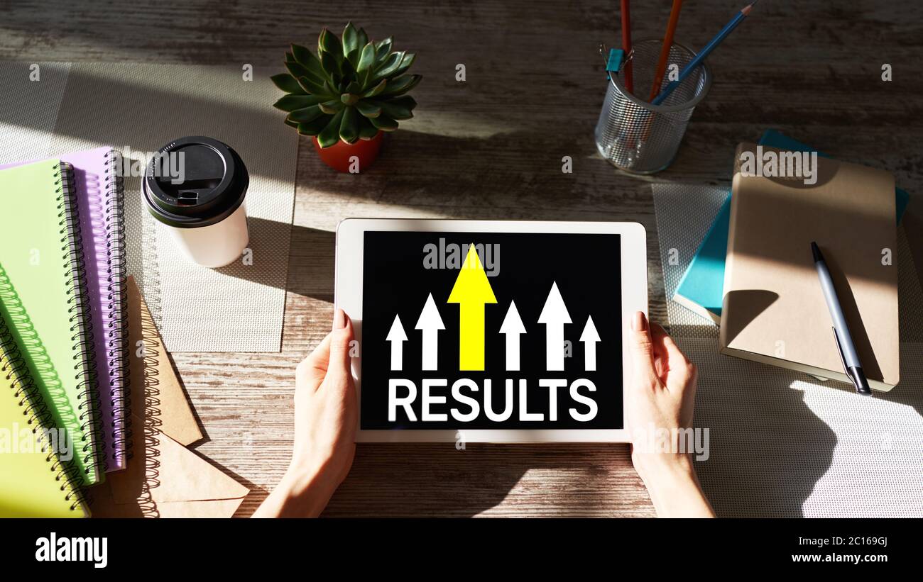Results growth arrow on screen. Business and personal development ...