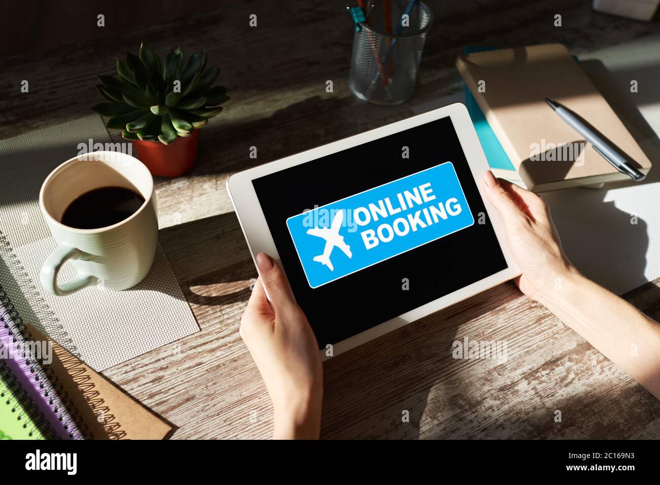 Flight ticket booking online service on device screen. Internet and ...