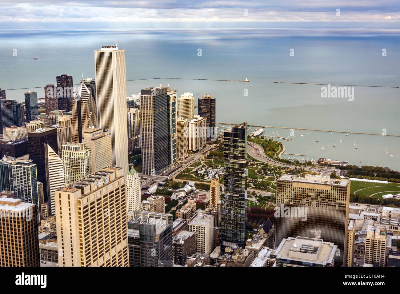 aerial view of Chicago with Jay Pritzker Pavilion and the Millennium ...
