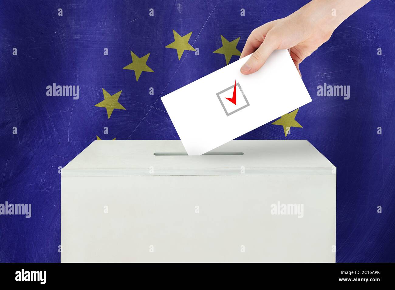 European Union Vote concept. Voter hand holding ballot paper for ...