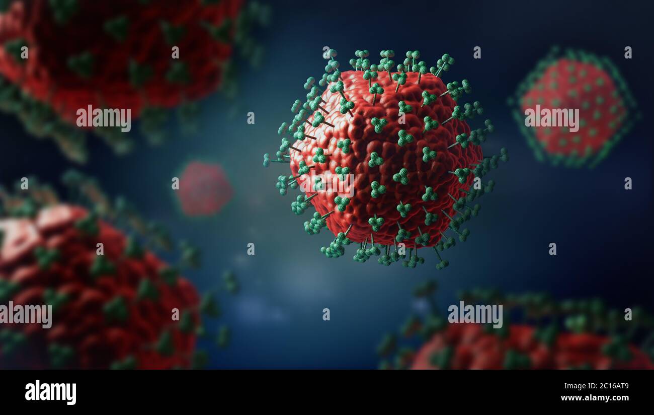 3D illustration of red colored virus cells with sensors or receptors ...