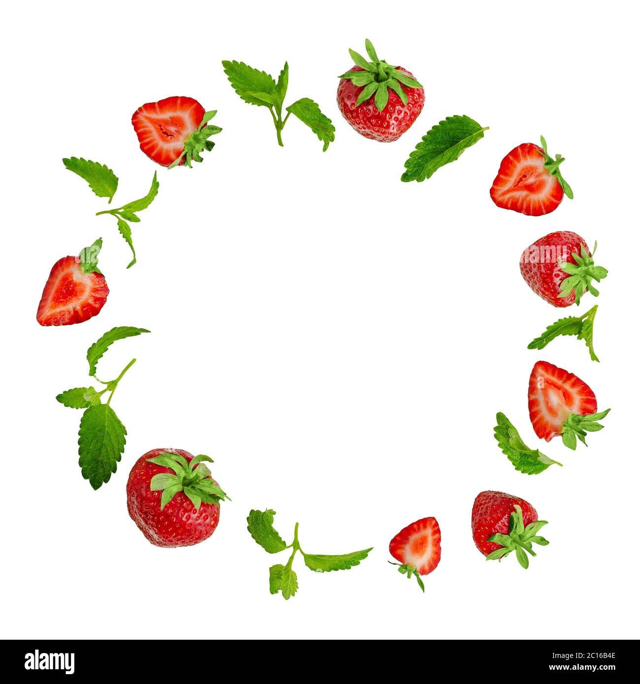 Round frame of strawberries and mint leaves isolated on white. Mockup ...