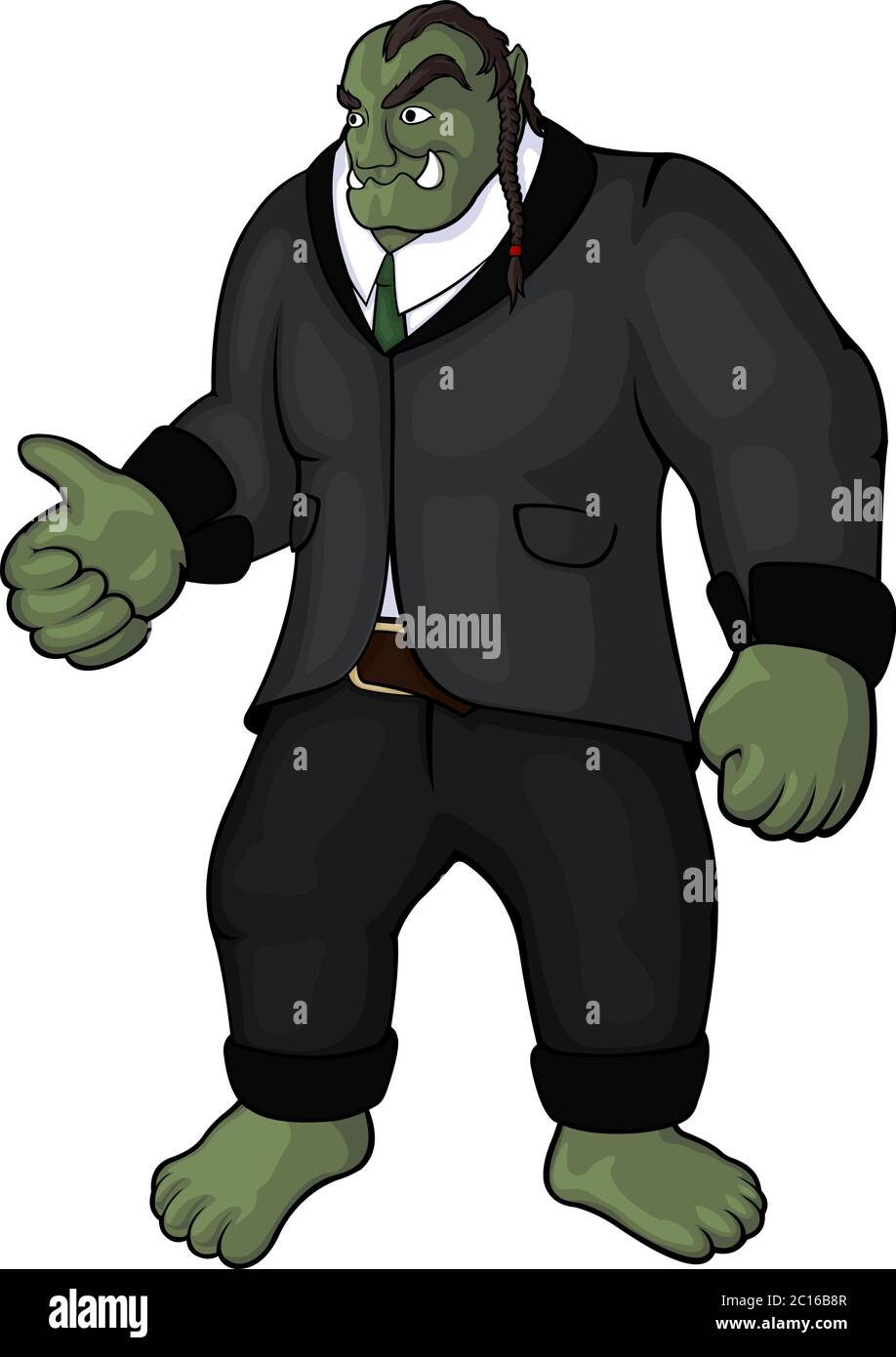 Funny art with orc businessman in black modern costume on white ...