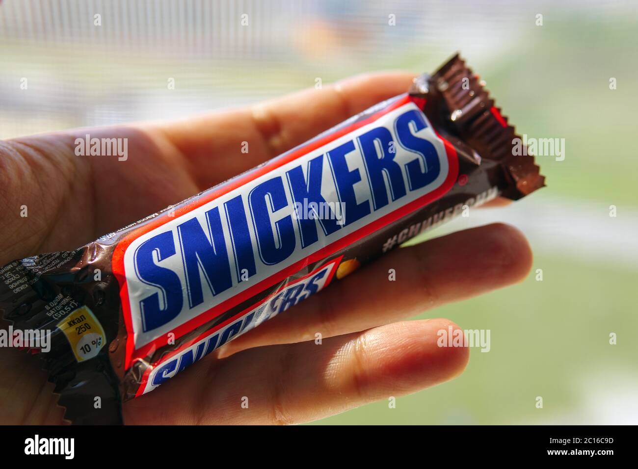 Tyumen, Russia-June 11, 2020: Snickers bars are produced by Mars ...