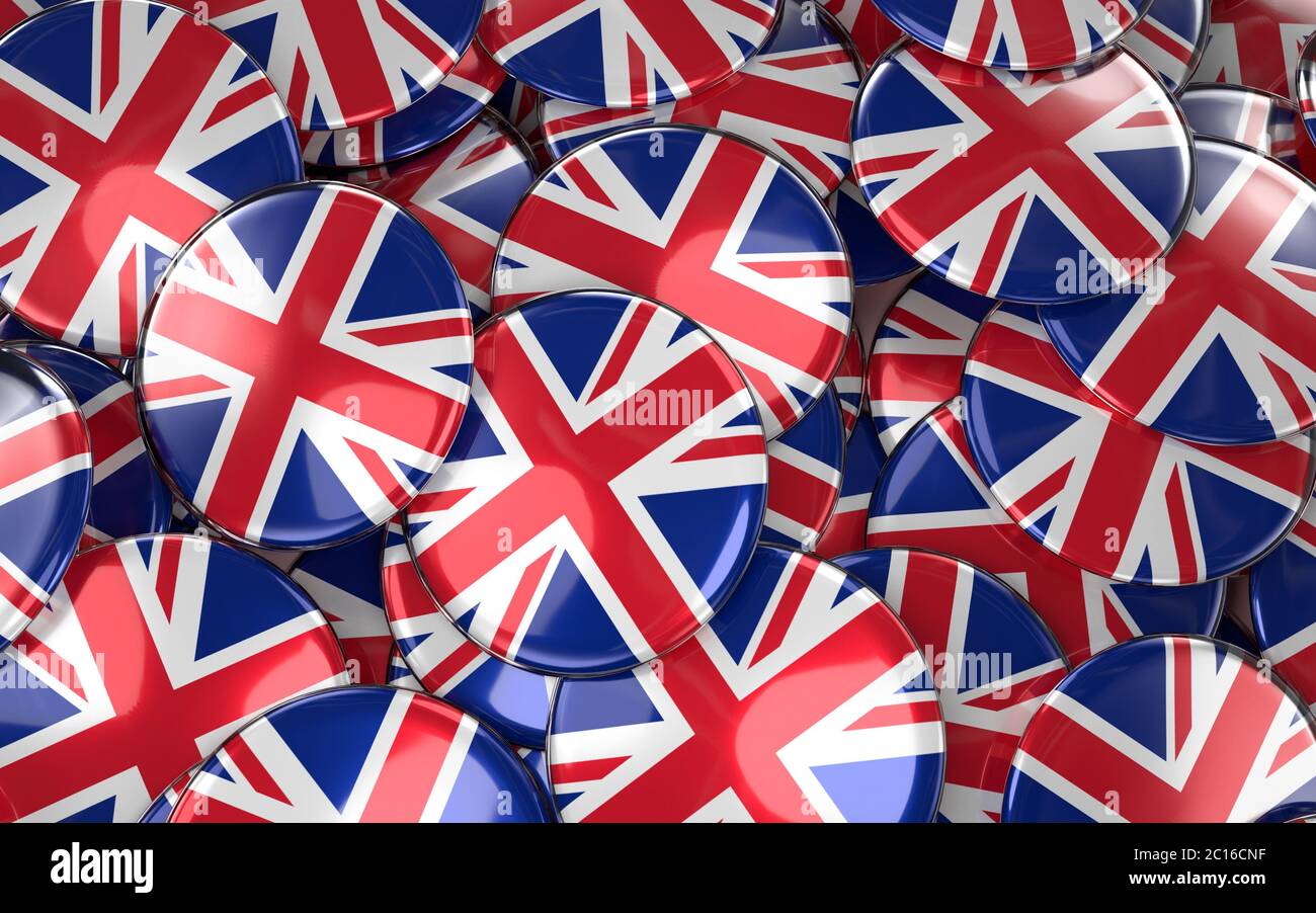 Great Britain Badges Background - Pile of British Flag Buttons Stock ...
