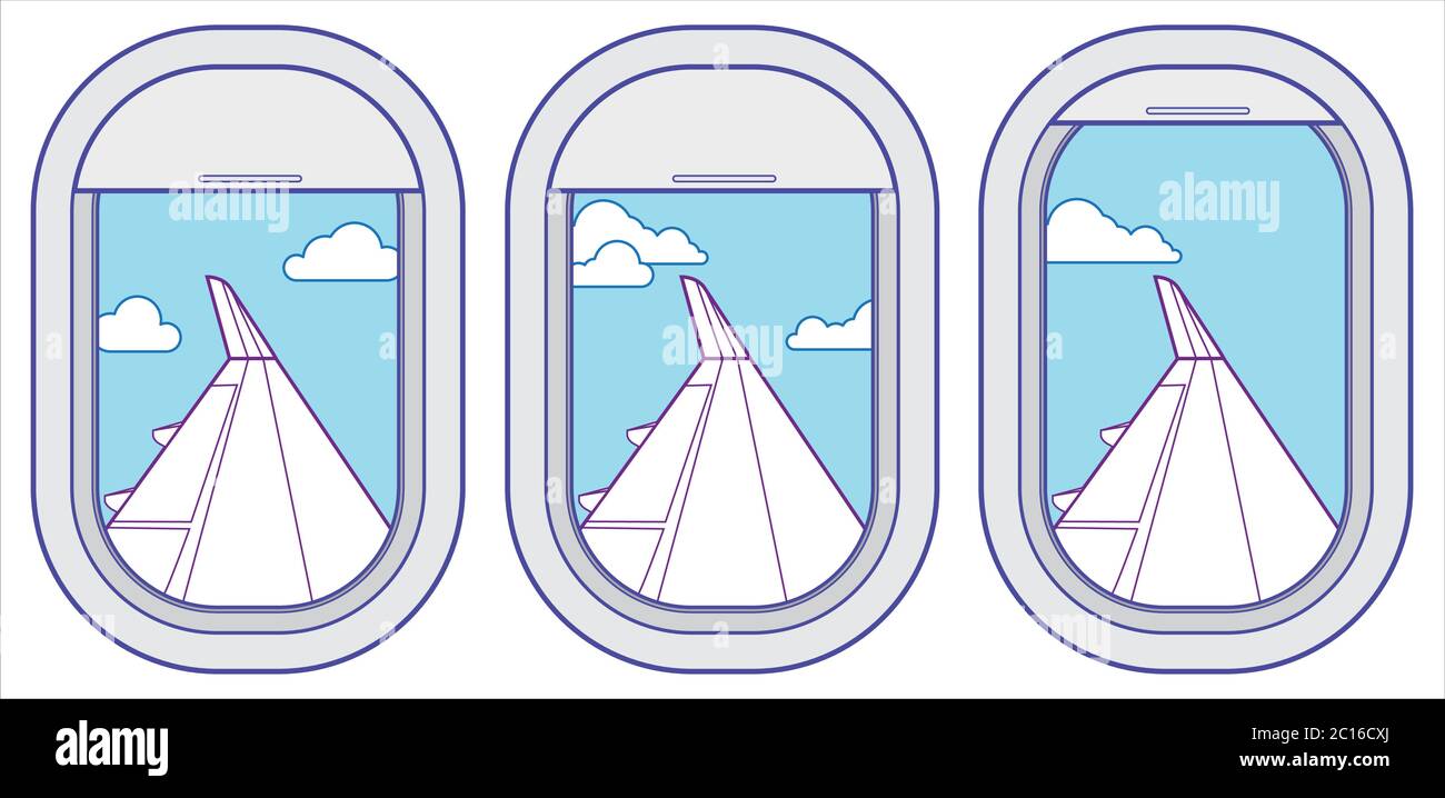 Airplane window icon set with cloudy sky and plane wing view Stock ...