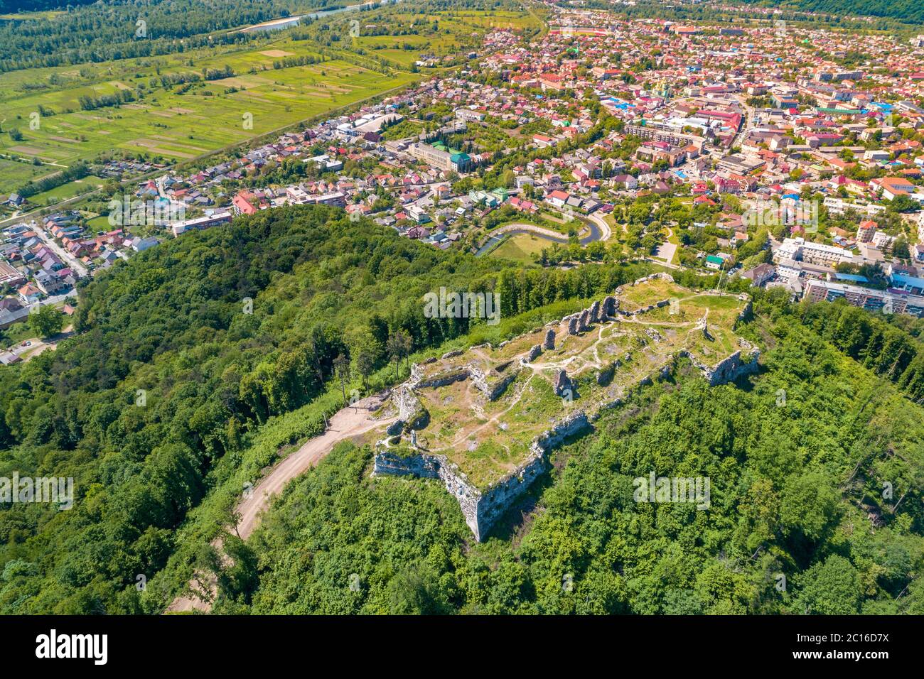 Panoramic view of Ruins of Khust Castle on the mount and mountain ...